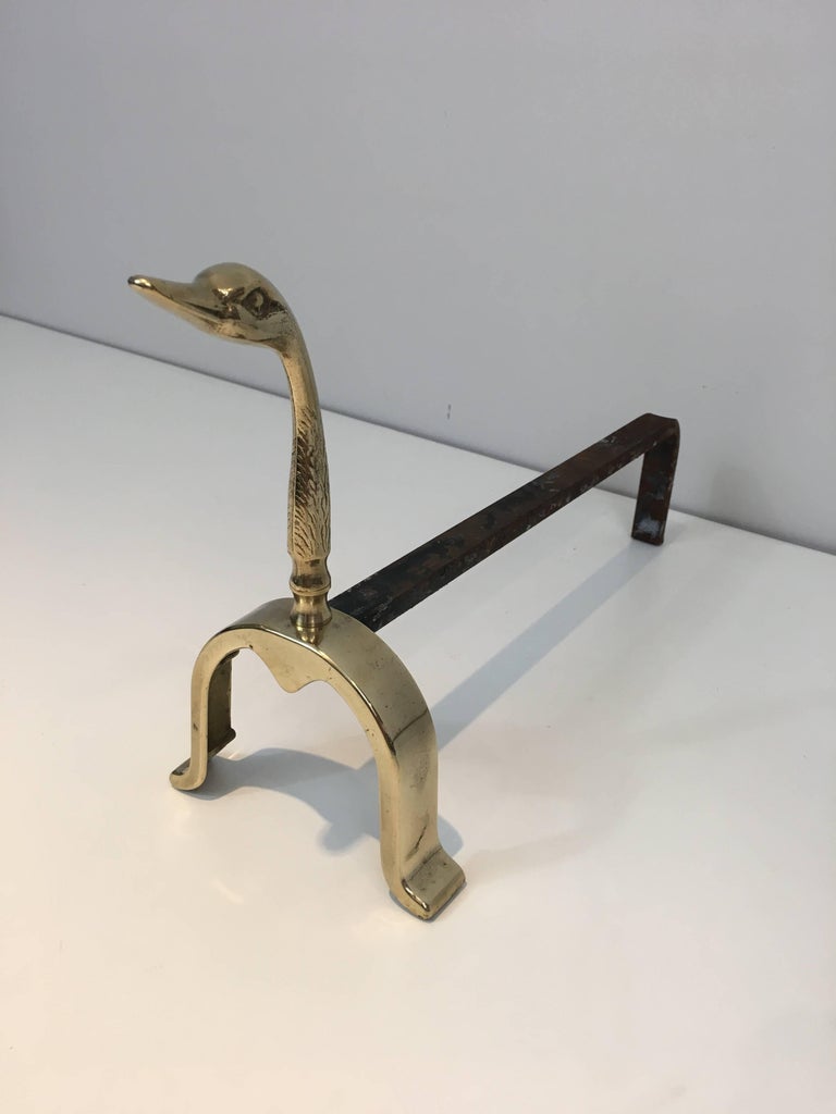 French 1940s Brass 'Mallard Duck' Form Andirons For Sale at 1stDibs