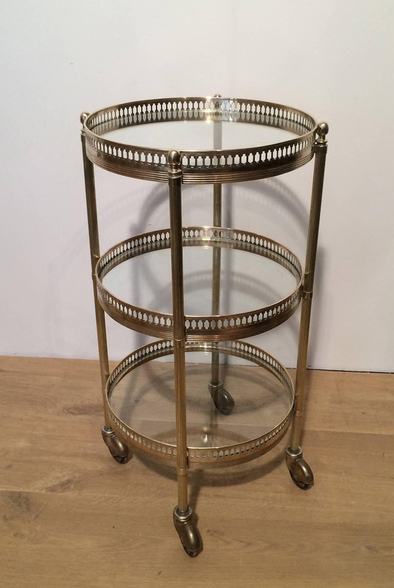 Small Round Brass Three-Tiered Table on Casters by Maison Jansen at 1stDibs