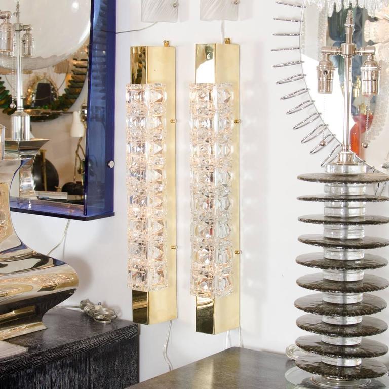 Pair of Narrow Polished Brass and Crystal Sconces at 1stDibs
