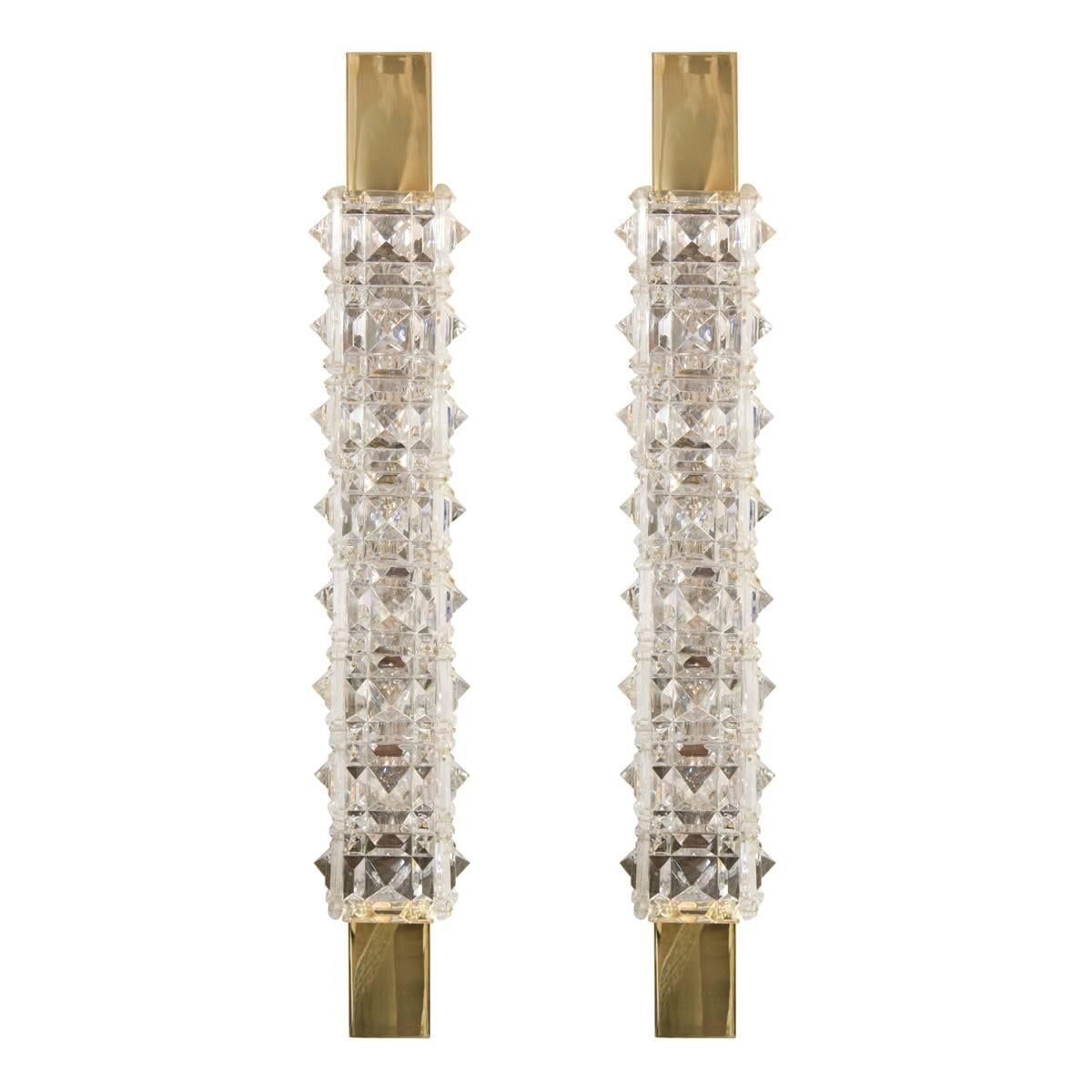 Pair of Narrow Polished Brass and Crystal Sconces at 1stDibs