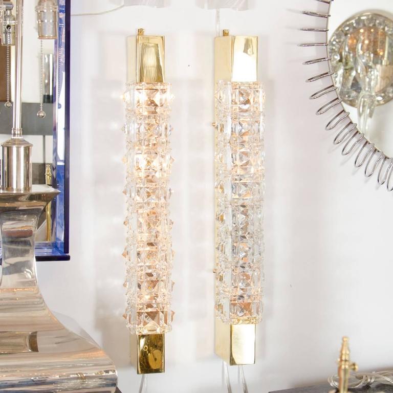 Pair of Narrow Polished Brass and Crystal Sconces at 1stDibs