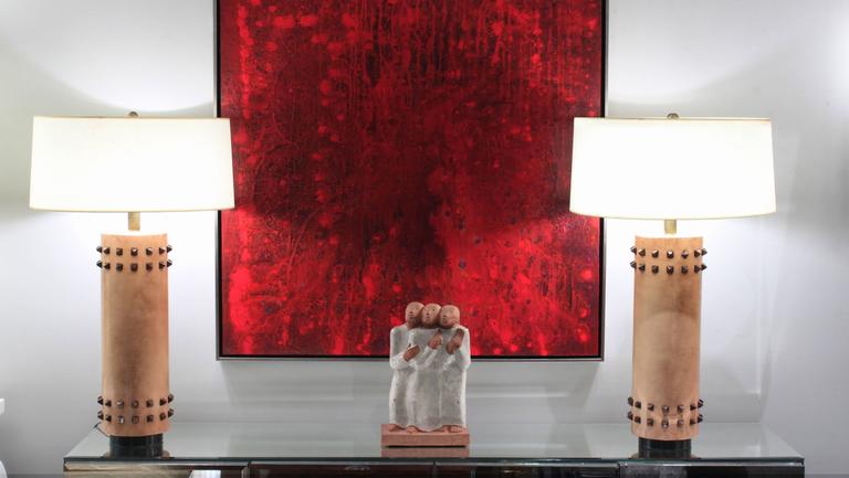 Pair of Elegant Table Lamps Wrapped in Leather with Bronze Spike Studs ...