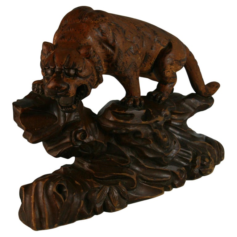Oversized Japanese Hand Carved Tiger Sculpture For Sale at 1stDibs