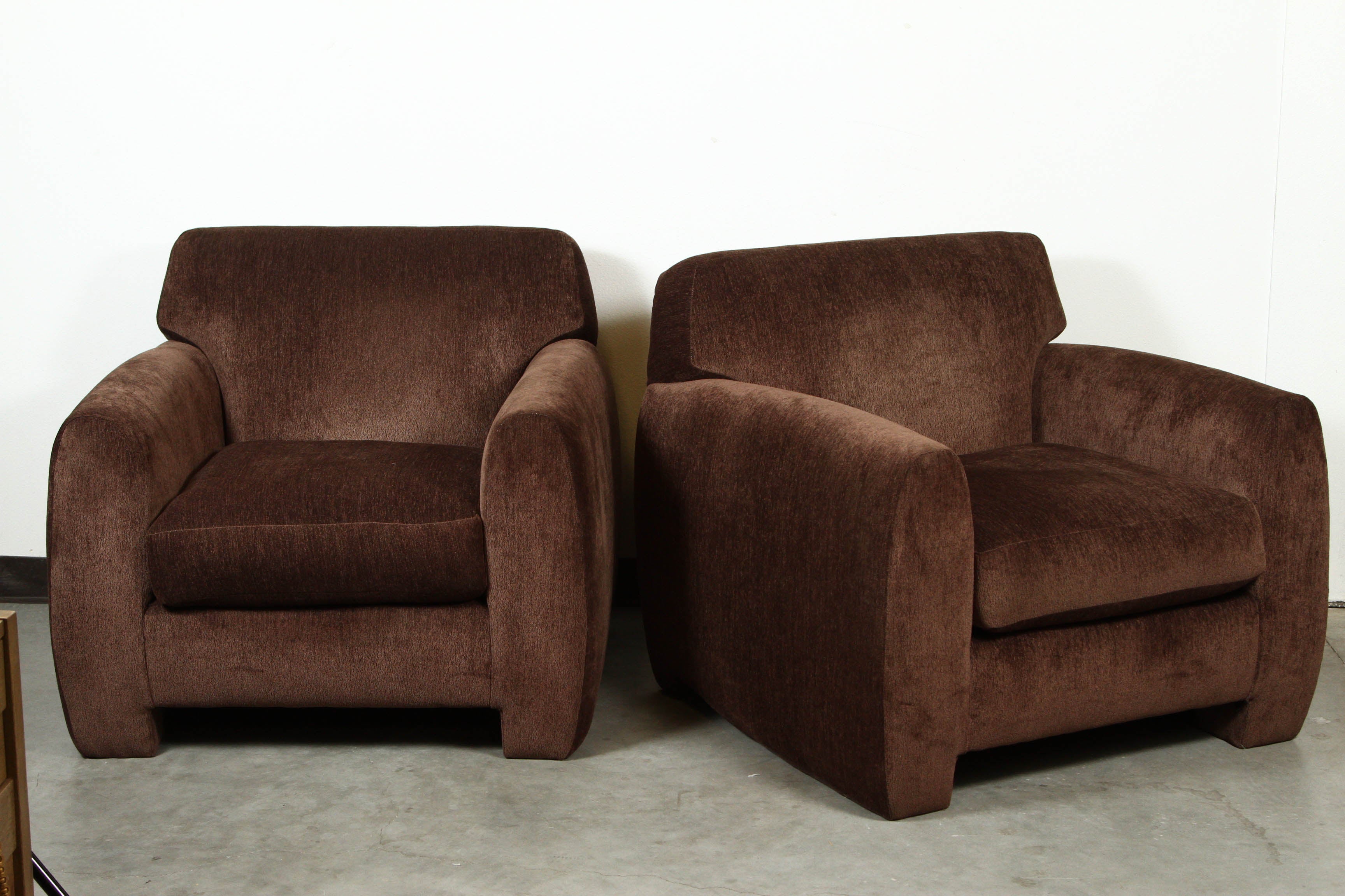Pair of Chocolate Brown Chenille Club Chairs at 1stDibs