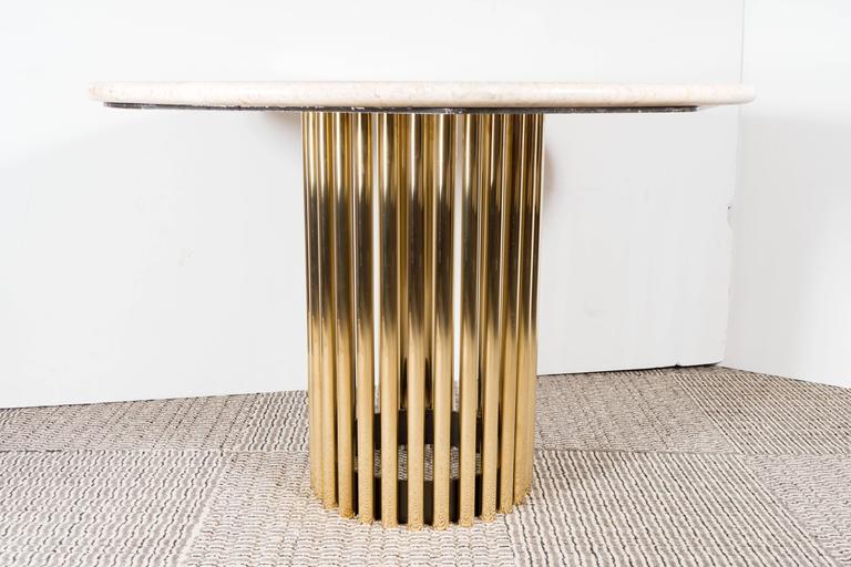 Dining or Center Table with Brass Tubular Base and Circular Travertine ...