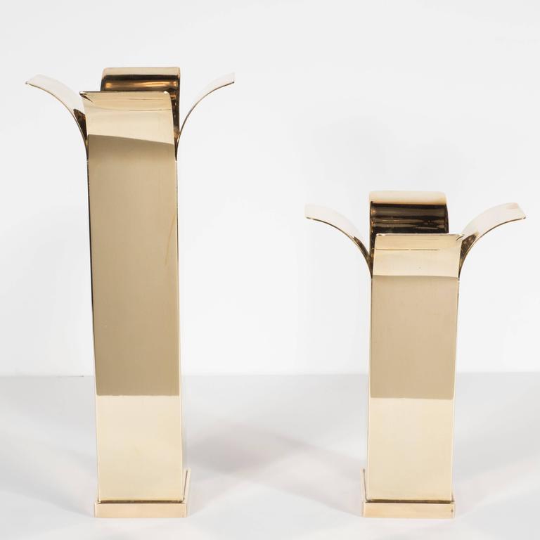 Pair of Mid-Century Modernist Polished Brass Candlesticks with Curved ...