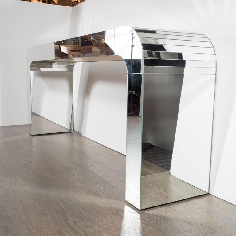 Mid-Century Modernist Fully Mirrored Waterfall Console Table at 1stDibs
