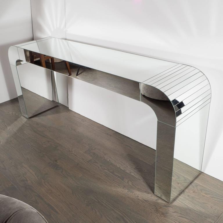 Mid-Century Modernist Fully Mirrored Waterfall Console Table at 1stDibs