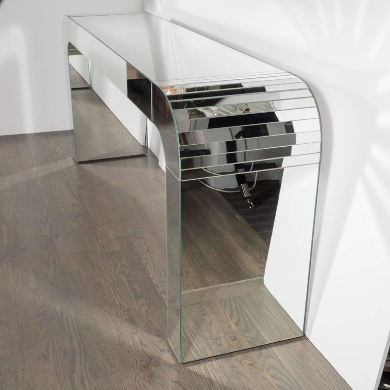 Mid-Century Modernist Fully Mirrored Waterfall Console Table at 1stDibs
