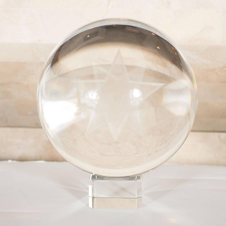 Modernist Crystal Ball Objet with Star Design and Stand For Sale at 1stDibs