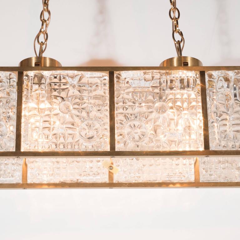 Mid-Century Rectangular Pendant Chandelier in Brass with Textured Glass ...