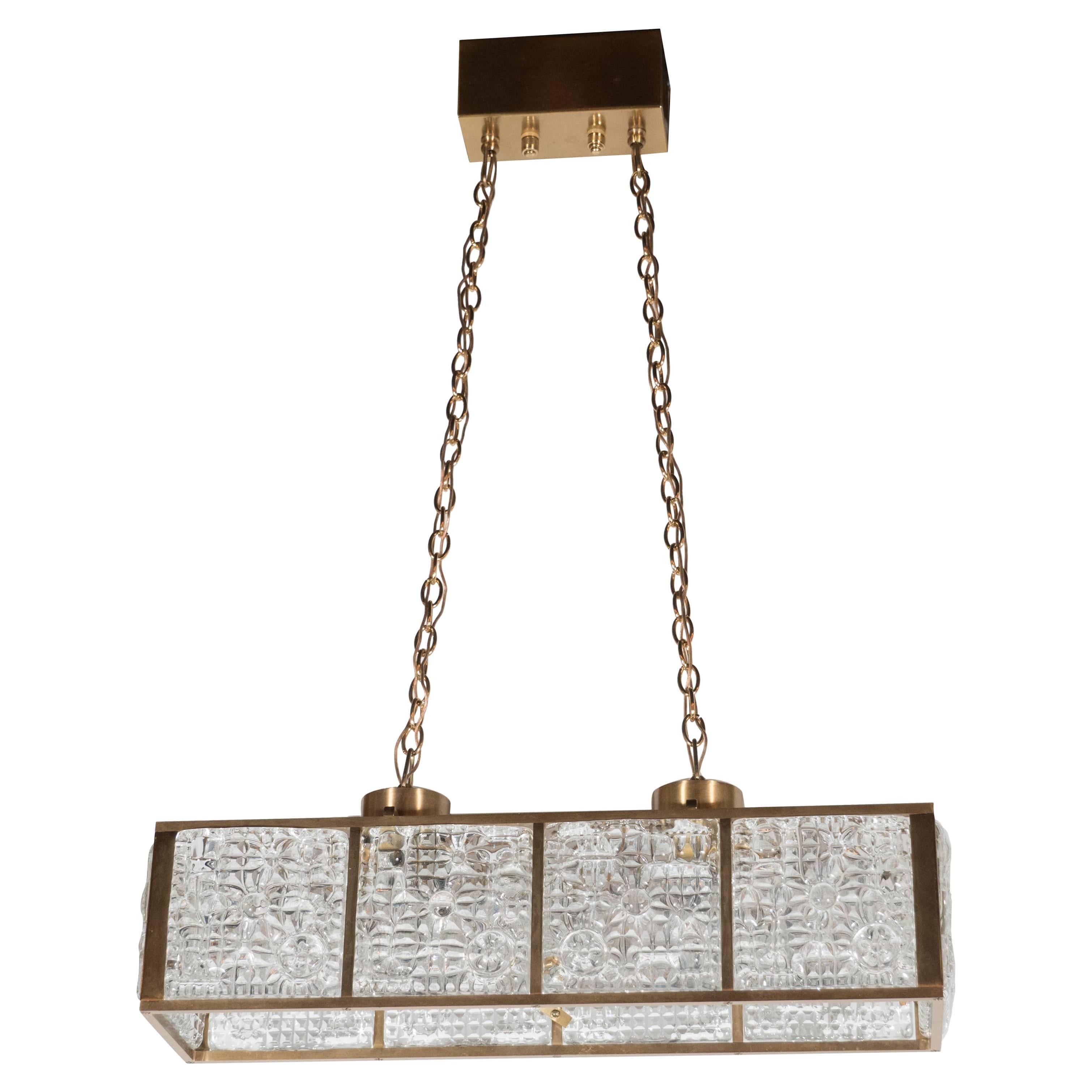 Mid-Century Rectangular Pendant Chandelier in Brass with Textured Glass ...