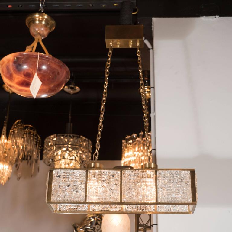 Mid-Century Rectangular Pendant Chandelier in Brass with Textured Glass ...