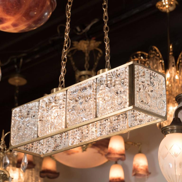Mid-Century Rectangular Pendant Chandelier in Brass with Textured Glass ...