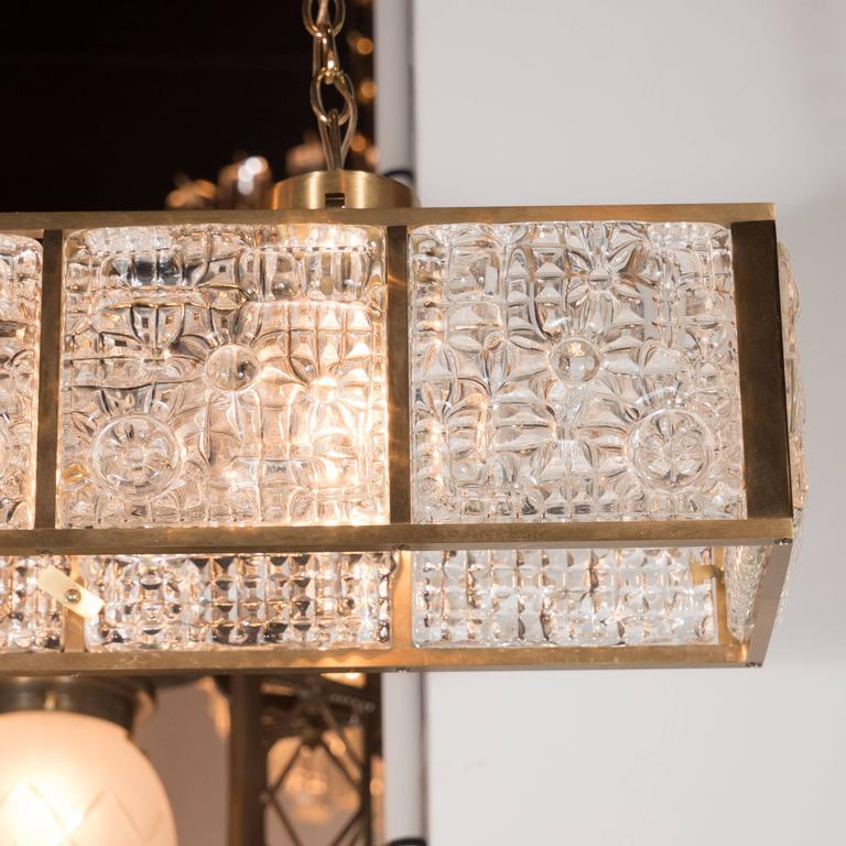 Mid-Century Rectangular Pendant Chandelier in Brass with Textured Glass ...