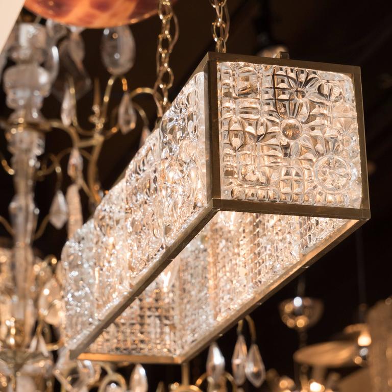 Mid-Century Rectangular Pendant Chandelier in Brass with Textured Glass ...