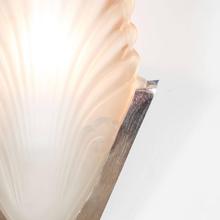 French Art Deco Frosted Glass Shell Sconce with Nickeled Bronze ...