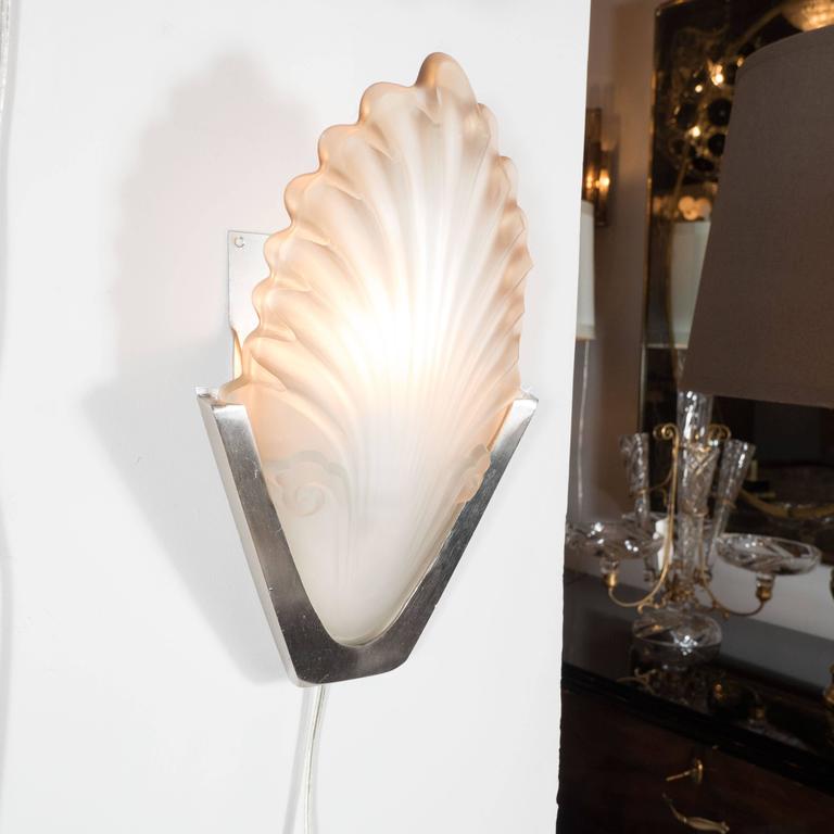 French Art Deco Frosted Glass Shell Sconce with Nickeled Bronze ...