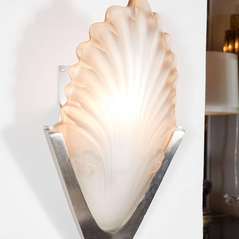 French Art Deco Frosted Glass Shell Sconce with Nickeled Bronze ...
