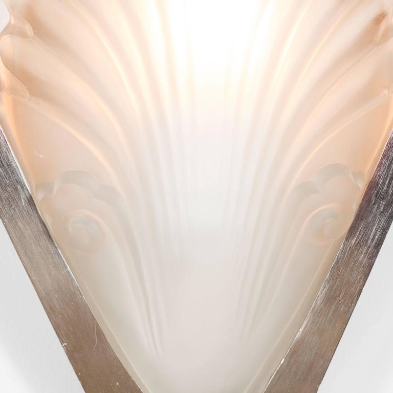French Art Deco Frosted Glass Shell Sconce with Nickeled Bronze ...