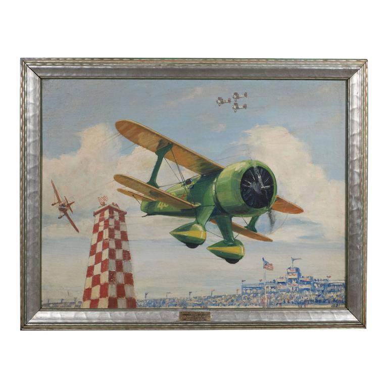 Art Deco Painting of the 1931 Bendix Trophy Race in Original White Gold ...