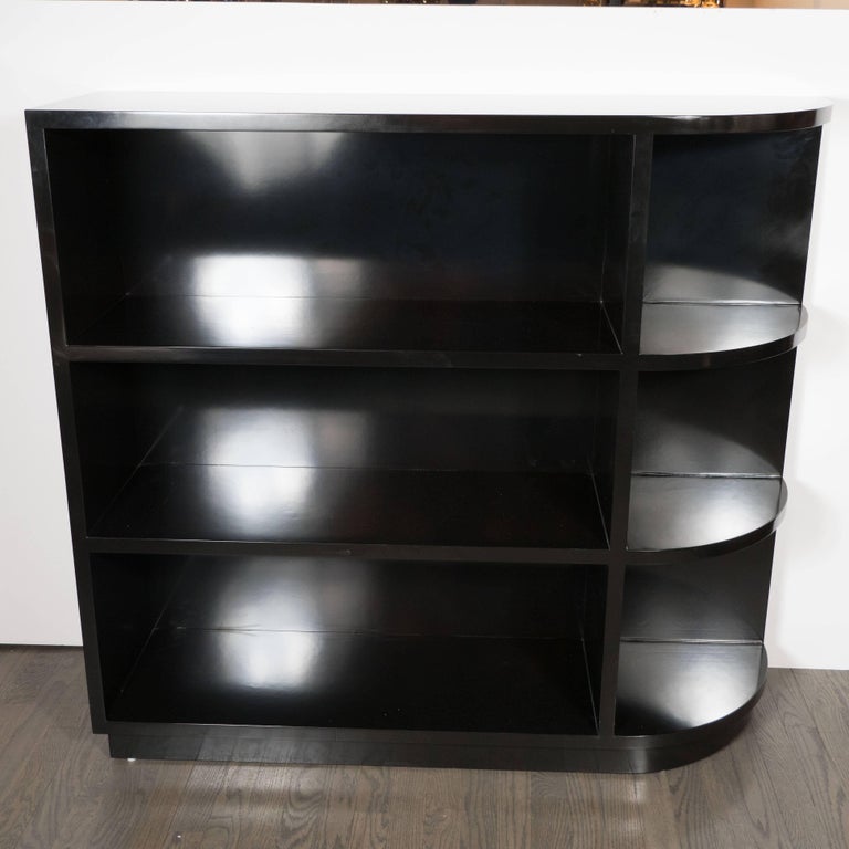 Art Deco Streamlined Machine Age Black Lacquer "Bullet" Bookcase at 1stDibs