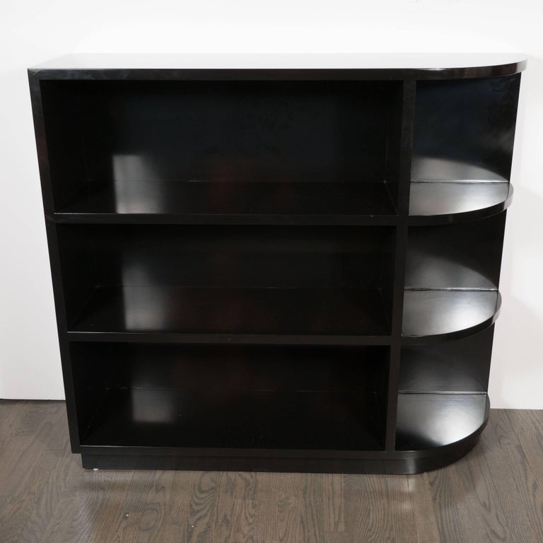 Art Deco Streamlined Machine Age Black Lacquer "Bullet" Bookcase at 1stDibs
