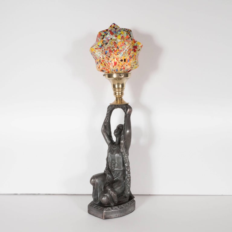 Art Deco Flapper Table Lamp in Antique Pewter with End-of-Day Glass ...