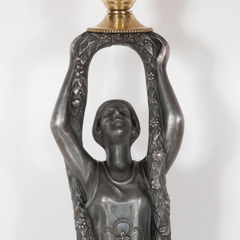 Art Deco Flapper Table Lamp in Antique Pewter with End-of-Day Glass ...