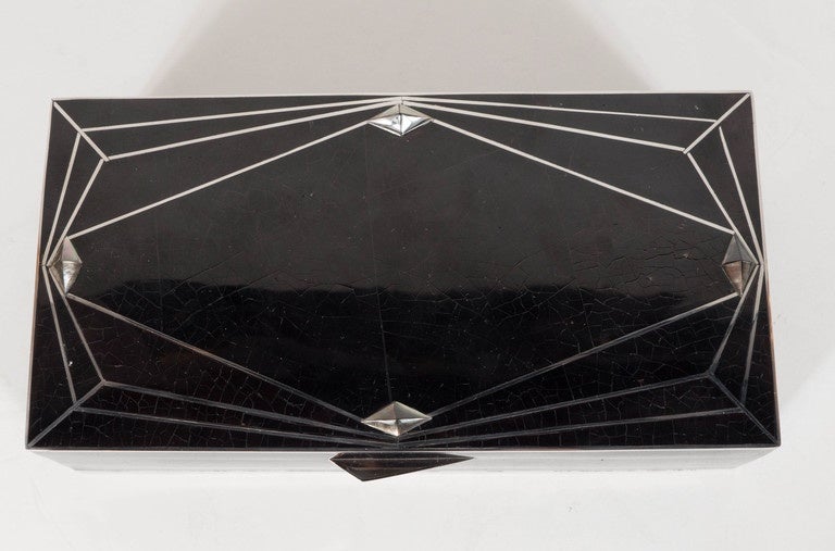 Exquisite Black Tab Shell Box with Silvered Inlay with Art Deco Diamond ...