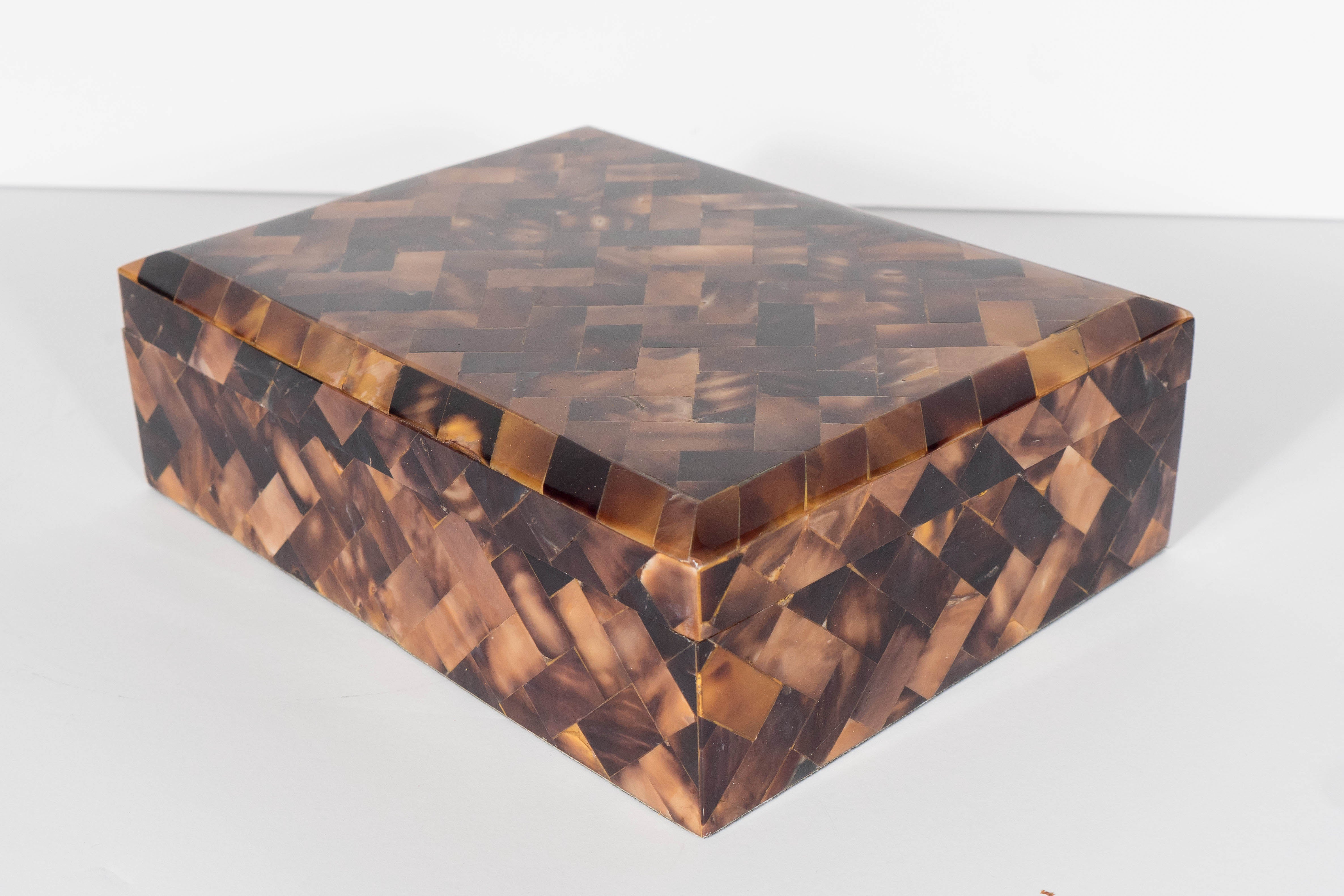 Penshell Box in Tortoise Motif and Herringbone Pattern with Beveled Lid ...