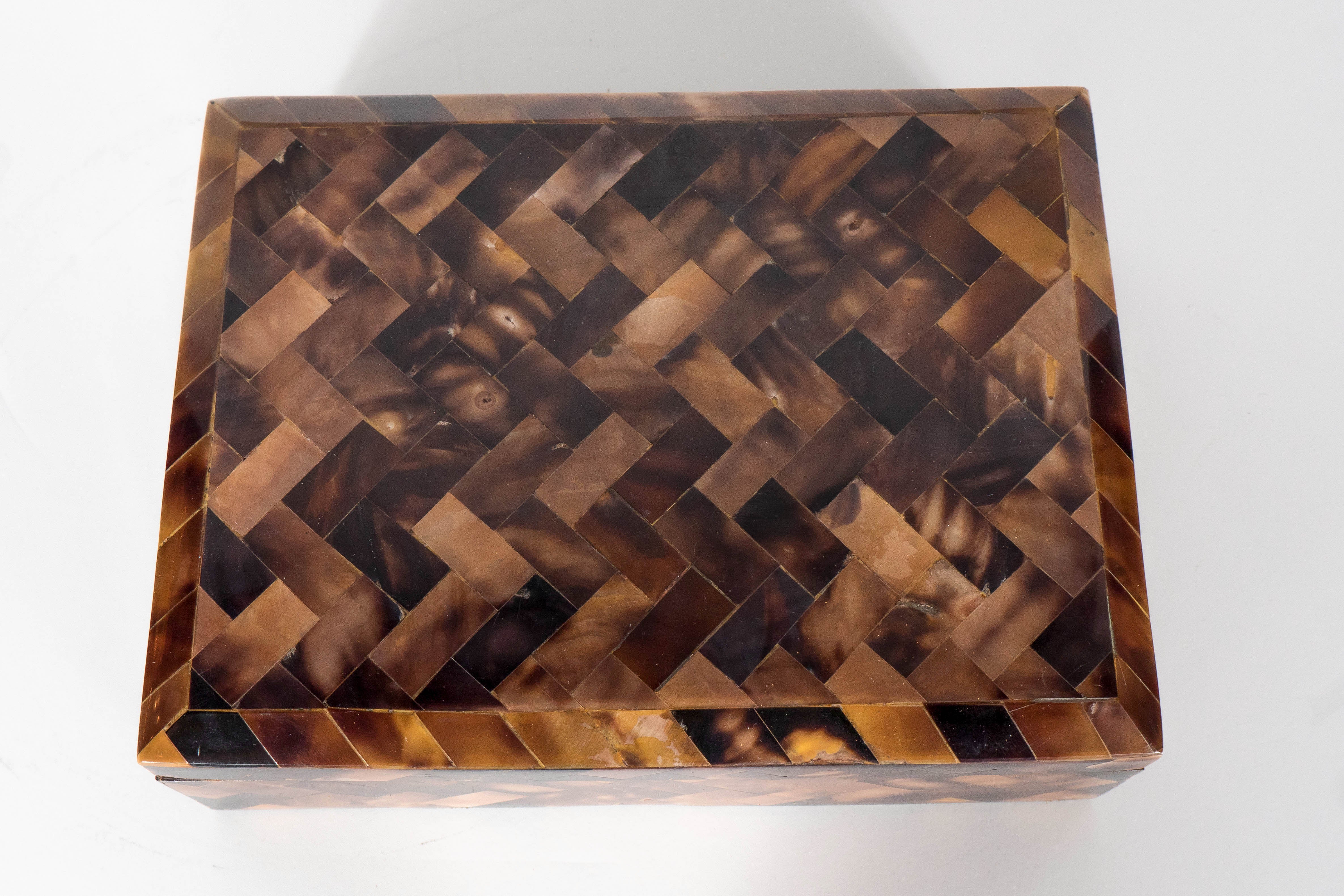 Penshell Box in Tortoise Motif and Herringbone Pattern with Beveled Lid ...