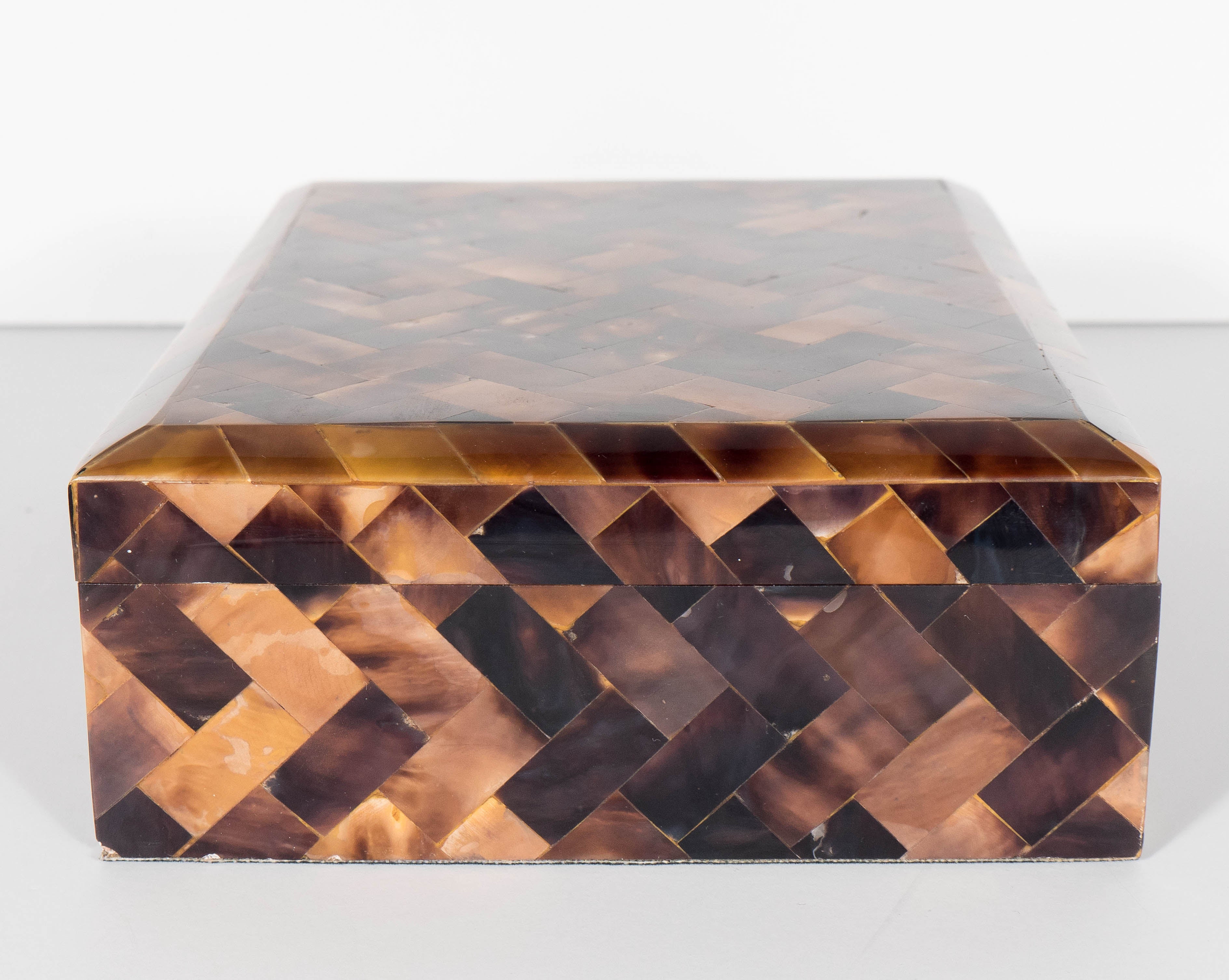 Penshell Box in Tortoise Motif and Herringbone Pattern with Beveled Lid ...