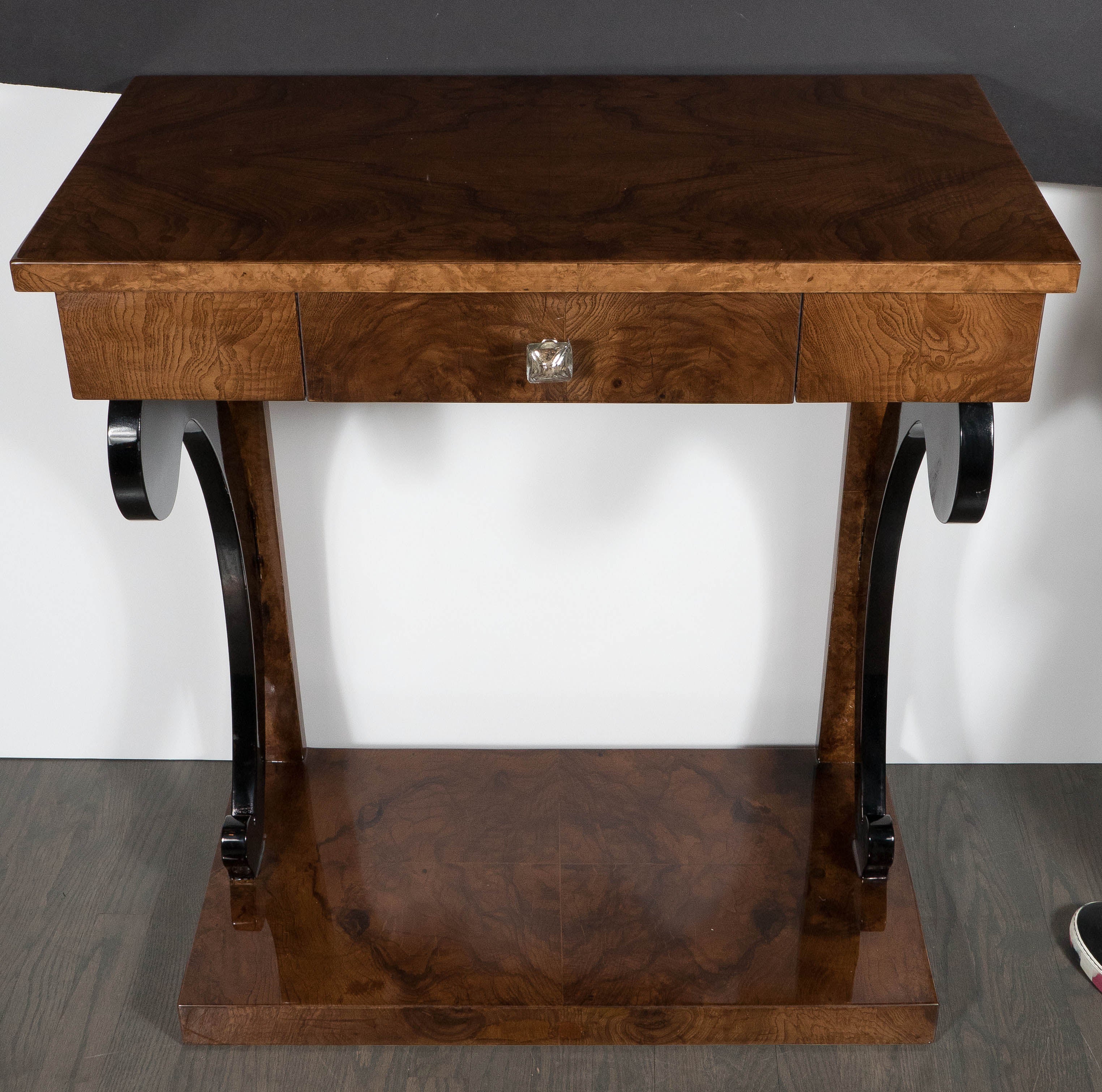 Exquisite Art Deco Scroll Design Console Table in Bookmatched Burled ...