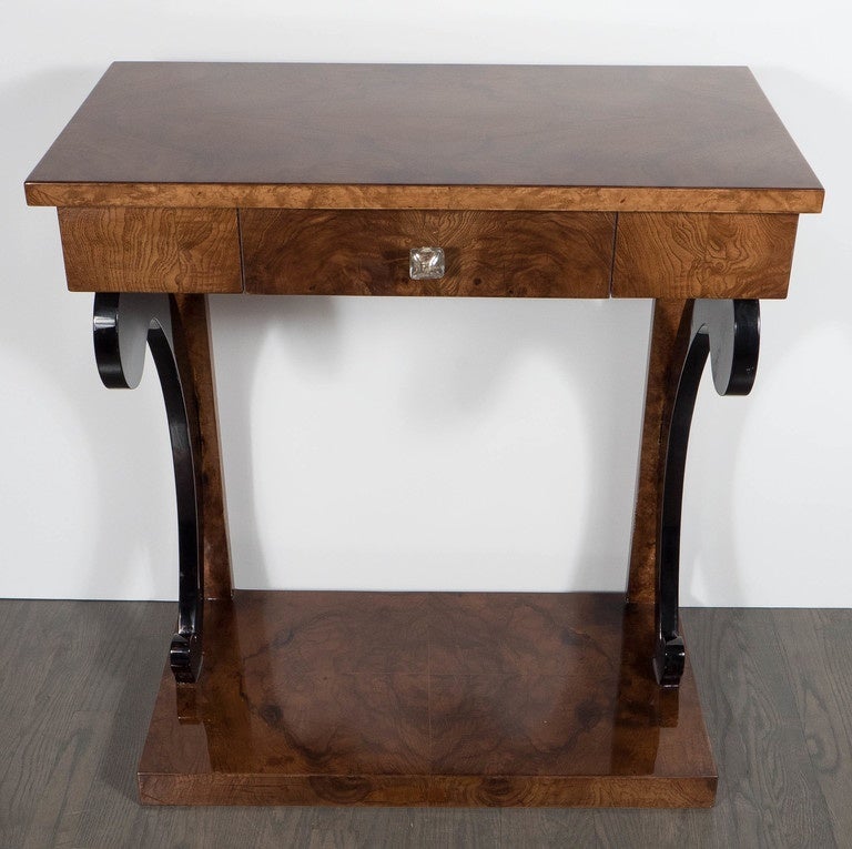 Exquisite Art Deco Scroll Design Console Table in Bookmatched Burled Walnut at 1stDibs