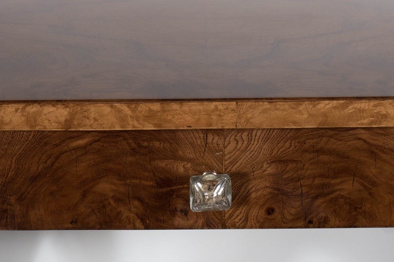 Exquisite Art Deco Scroll Design Console Table in Bookmatched Burled Walnut at 1stDibs