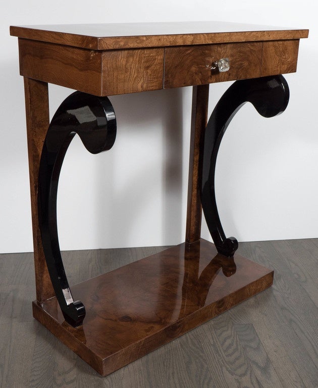 Exquisite Art Deco Scroll Design Console Table in Bookmatched Burled Walnut at 1stDibs
