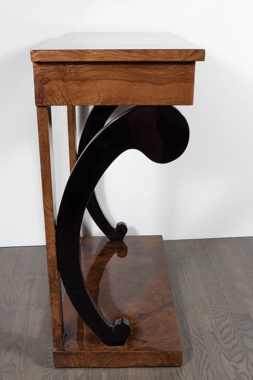 Exquisite Art Deco Scroll Design Console Table in Bookmatched Burled Walnut at 1stDibs