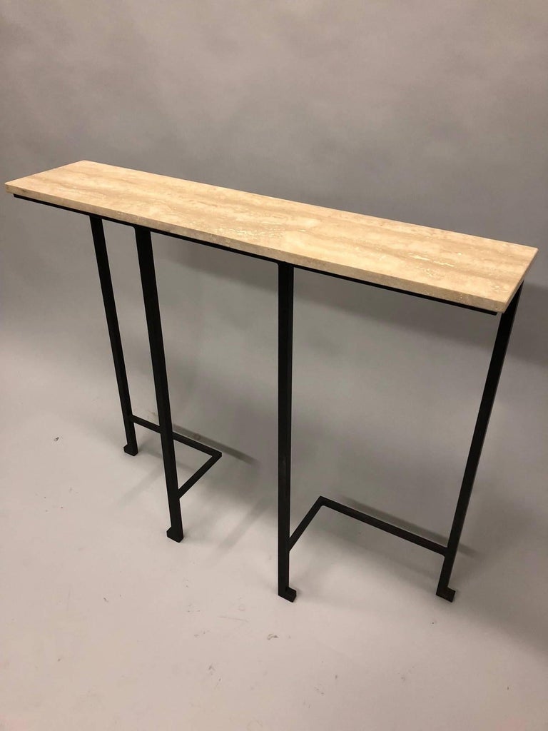 2 French Mid-Century Modern Style Wrought Iron and Stone Consoles, Marc ...