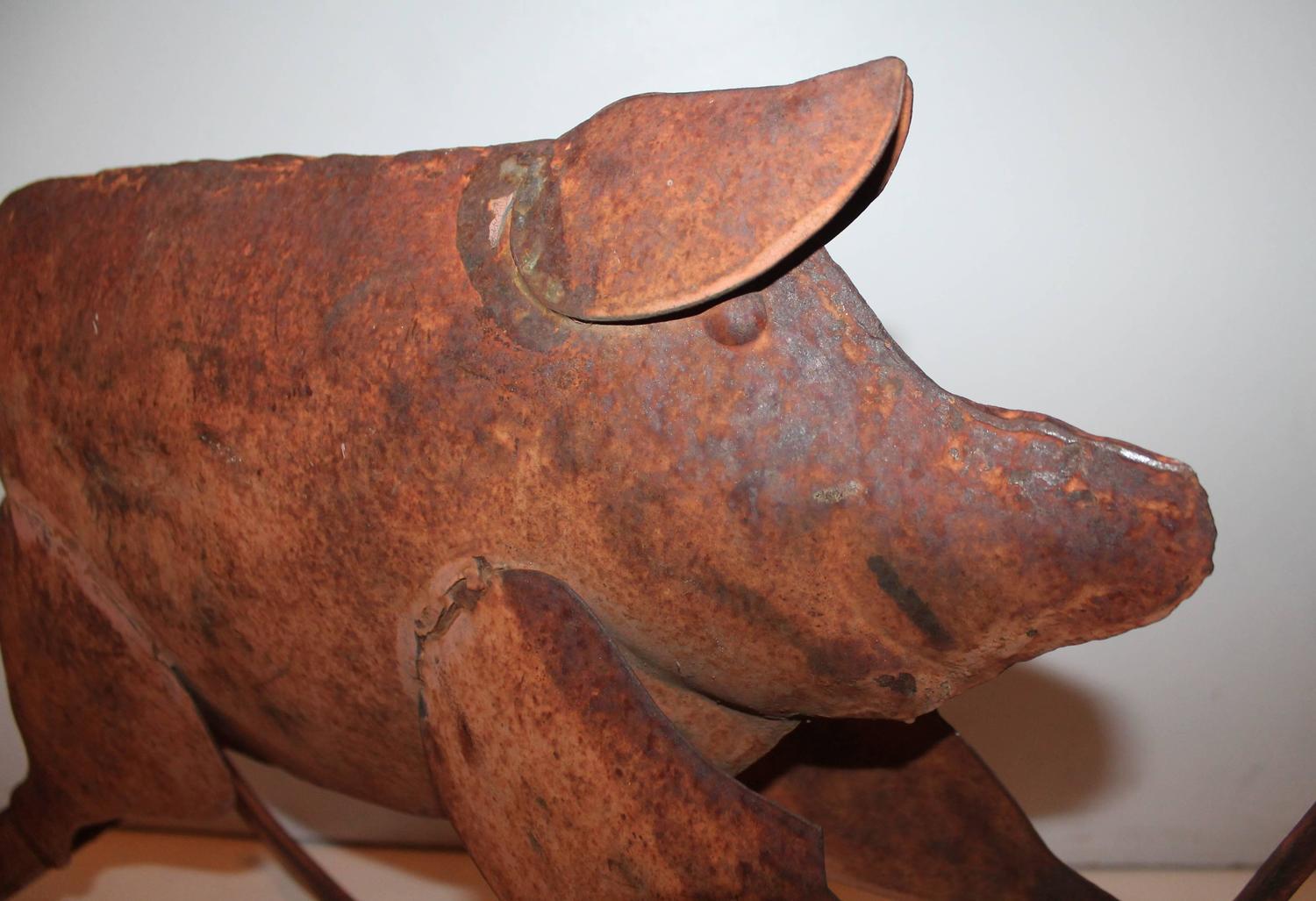 Rocking Painted Folk Art Pig Metal Sculpture For Sale at 1stdibs