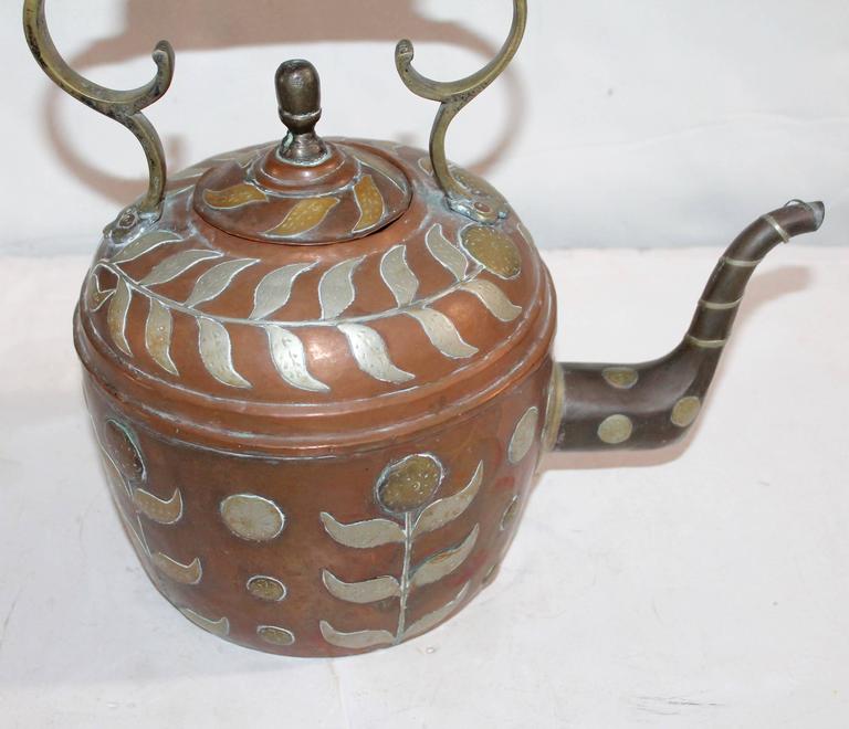 Early 19th Century Spanish Decorated Copper Gooseneck Kettle Pot at 1stDibs