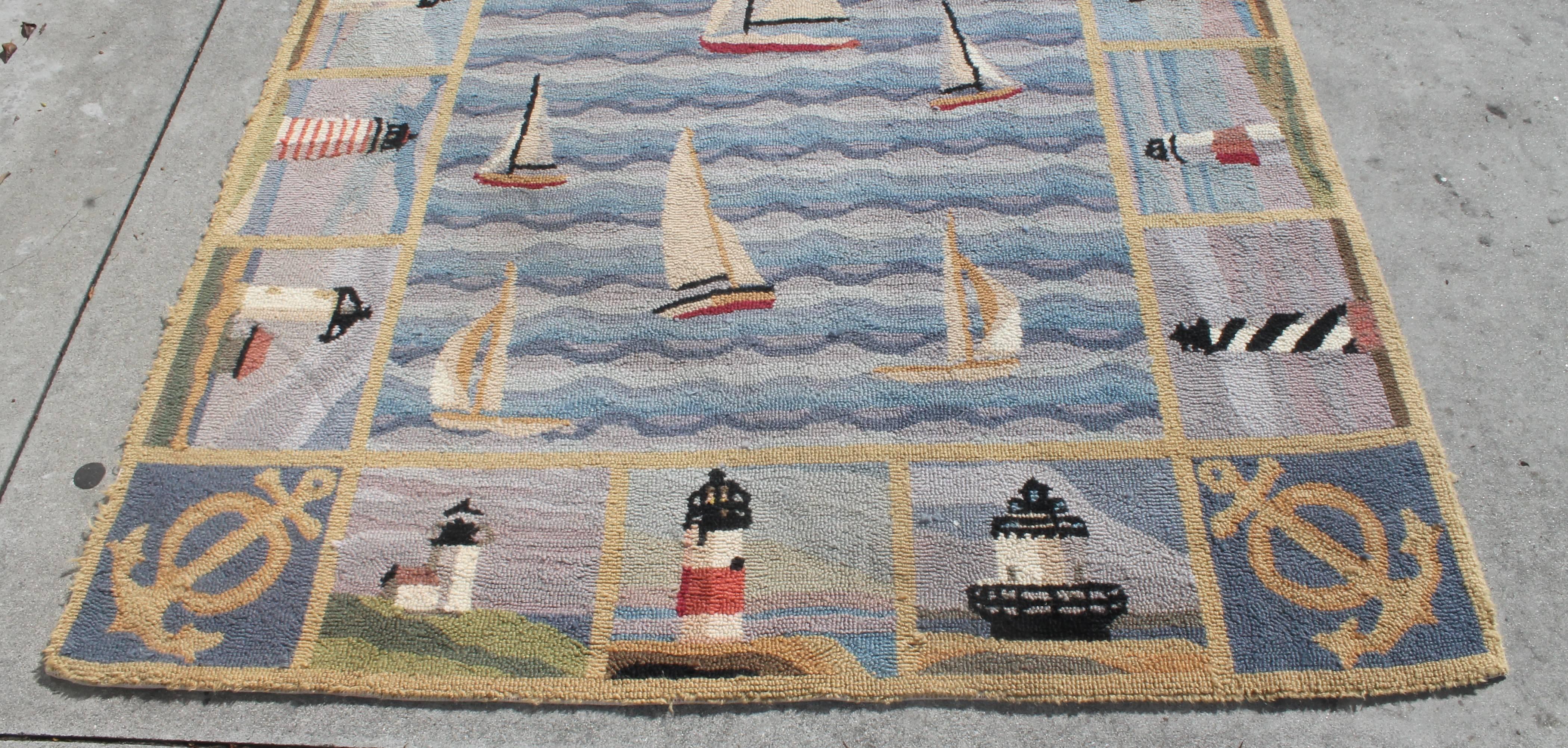 Pictorial Hand-Hooked Nautical Room Size Rug For Sale at 1stDibs