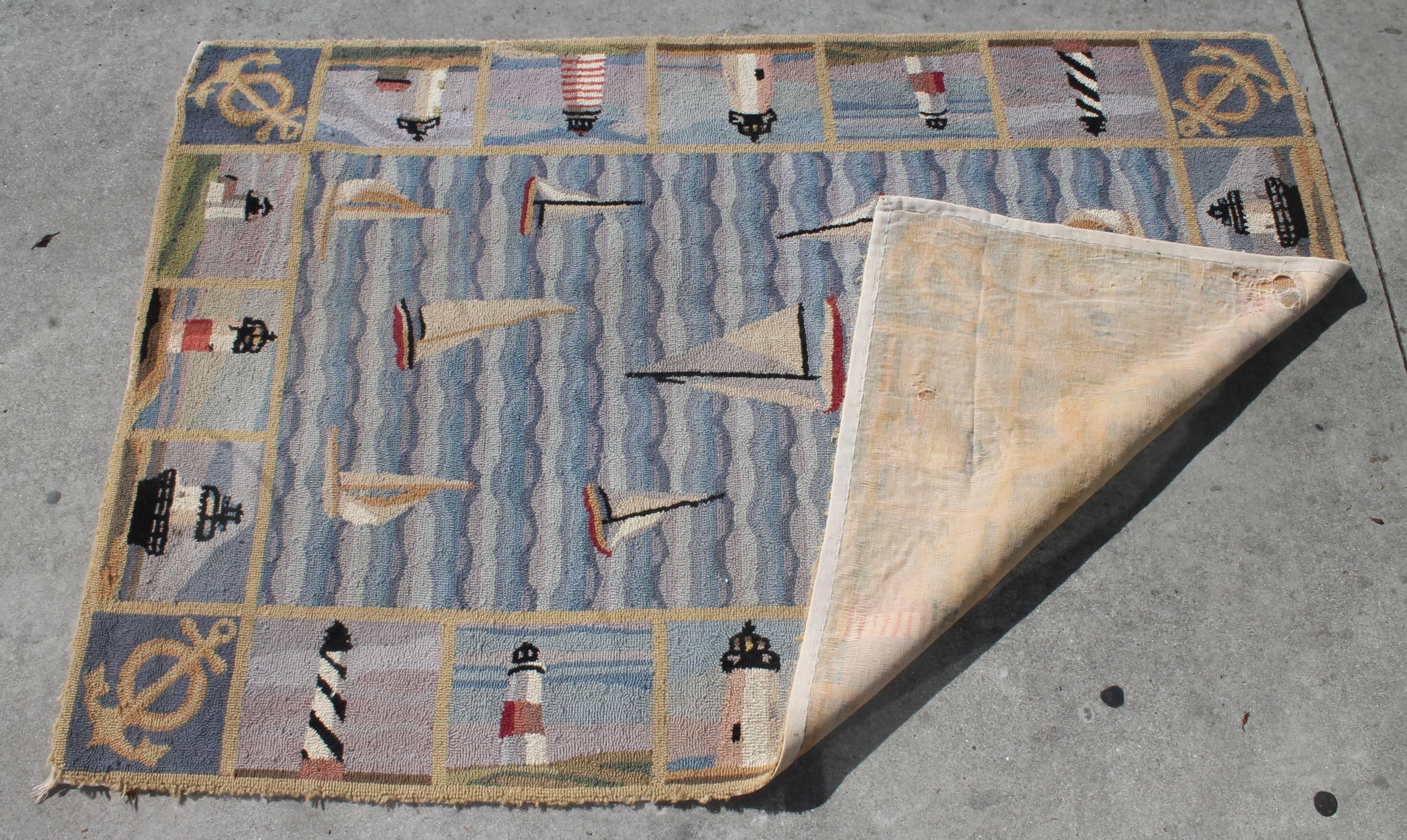 Pictorial Hand-Hooked Nautical Room Size Rug For Sale at 1stDibs