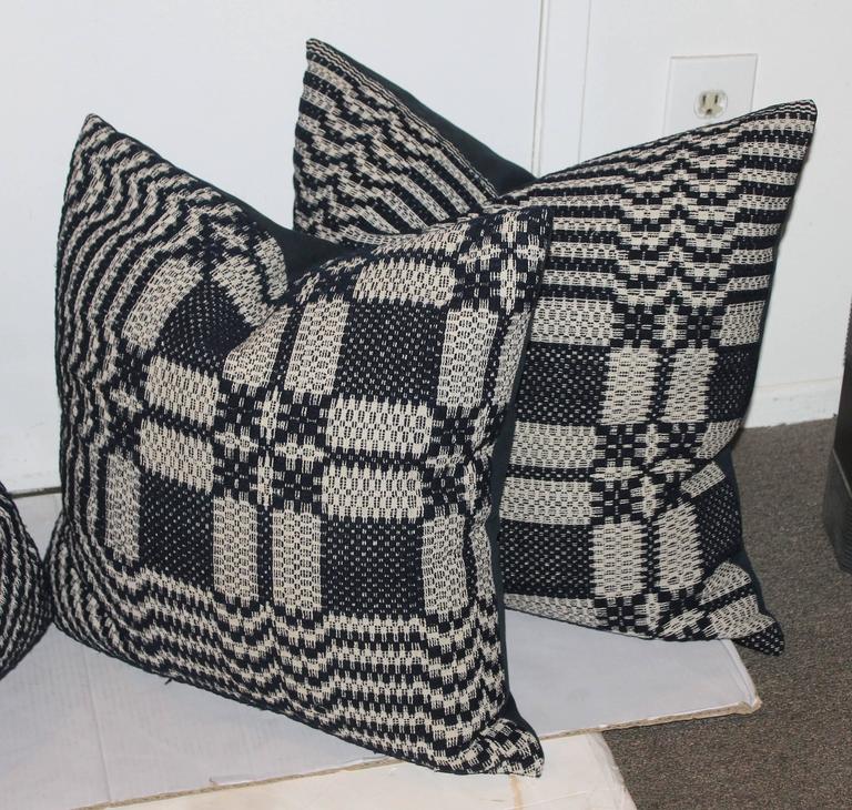 19th Century Handwoven Blue and White Jacquard Coverlet Pillows, Pair ...