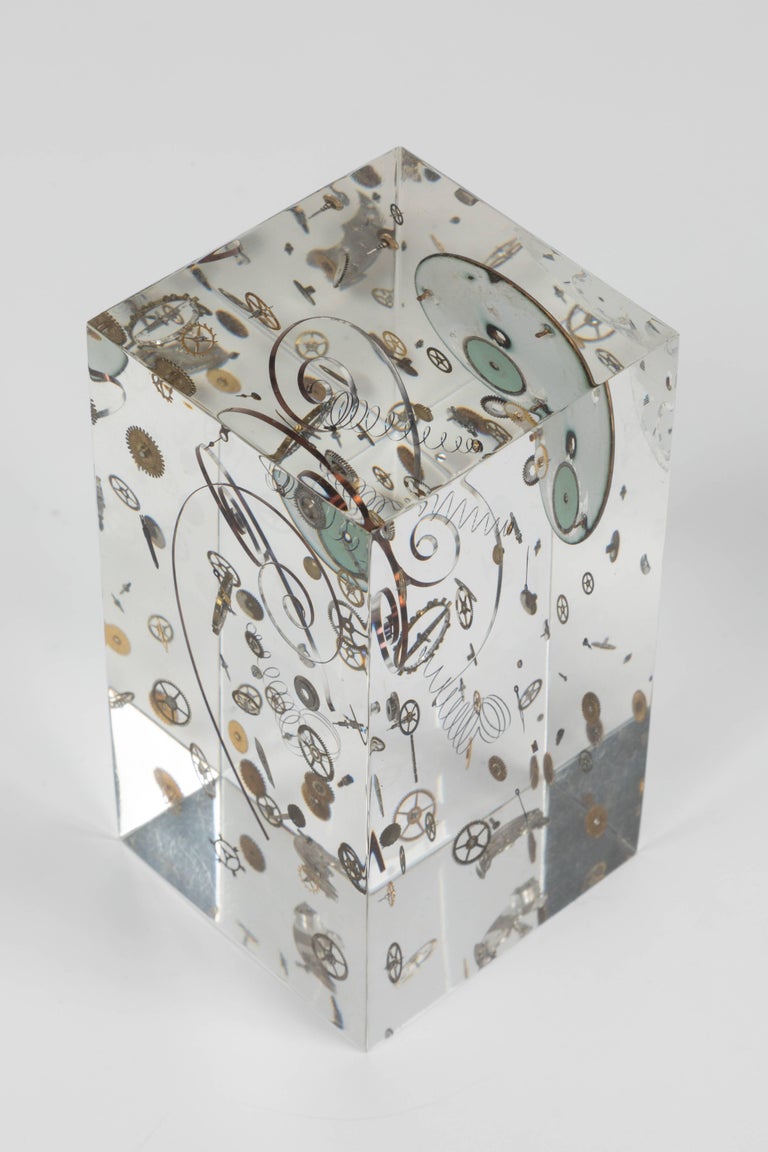 Whimsical Lucite Paperweight with Floating Watch Parts at 1stDibs