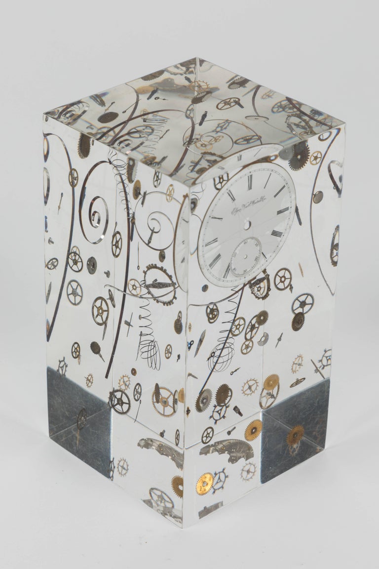 Whimsical Lucite Paperweight with Floating Watch Parts at 1stDibs