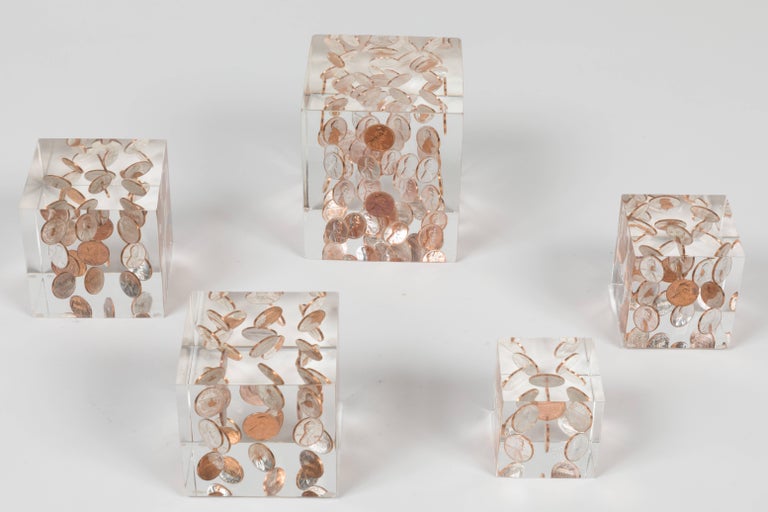 Set of Seven Vintage Geometric Lucite Paperweights with US Pennies at ...