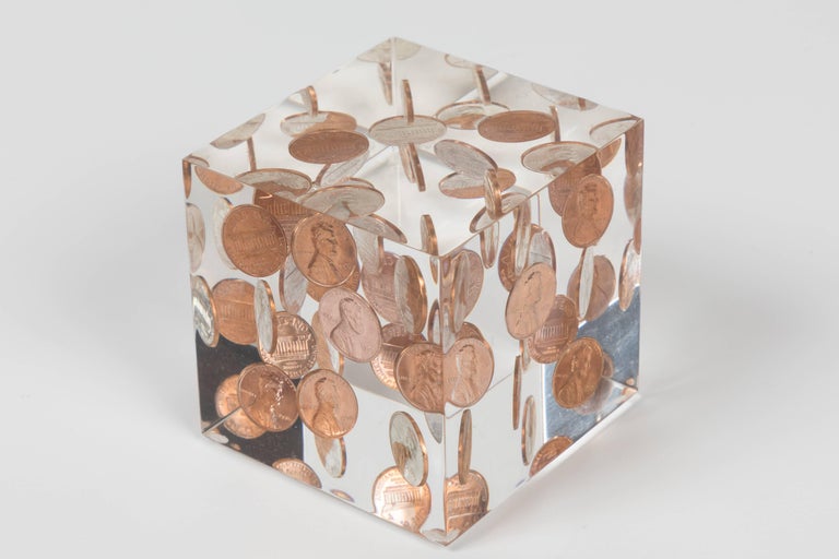 Set of Seven Vintage Geometric Lucite Paperweights with US Pennies at ...