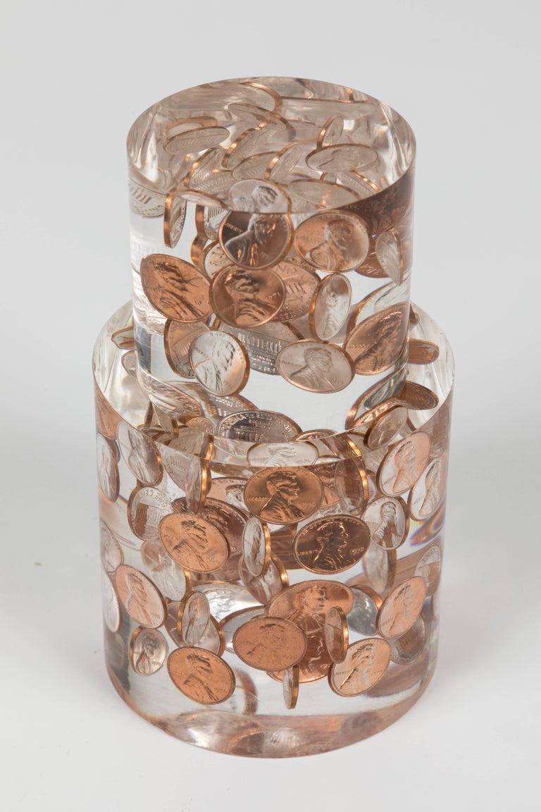 Set of Seven Vintage Geometric Lucite Paperweights with US Pennies at ...