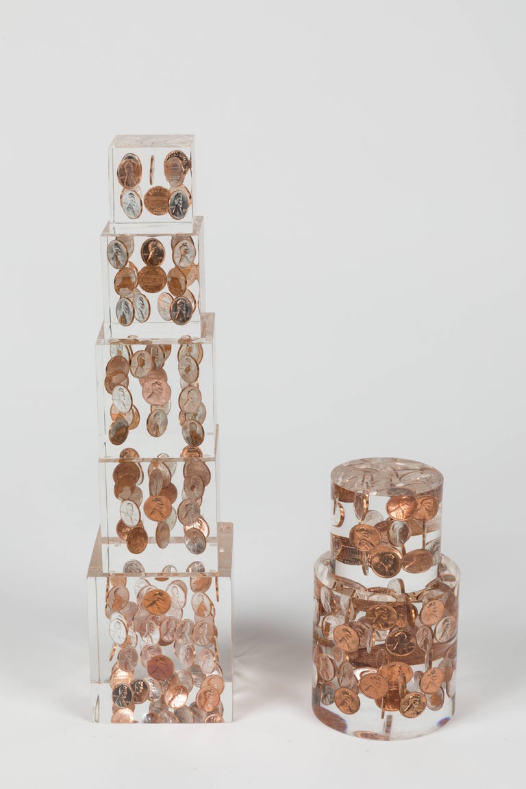 Set of Seven Vintage Geometric Lucite Paperweights with US Pennies at ...